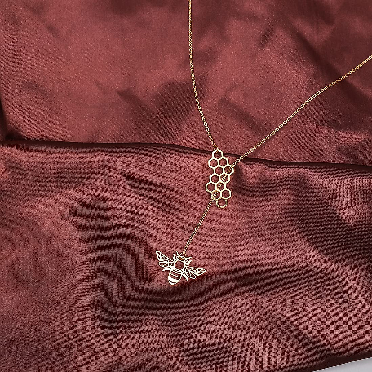 Winssigma 18K Gold Stainless Steel Bee Honeycomb Necklace, Star Moon Necklace Dinosaur spider Adjustable Y Lariat for Women(Gold Bee)