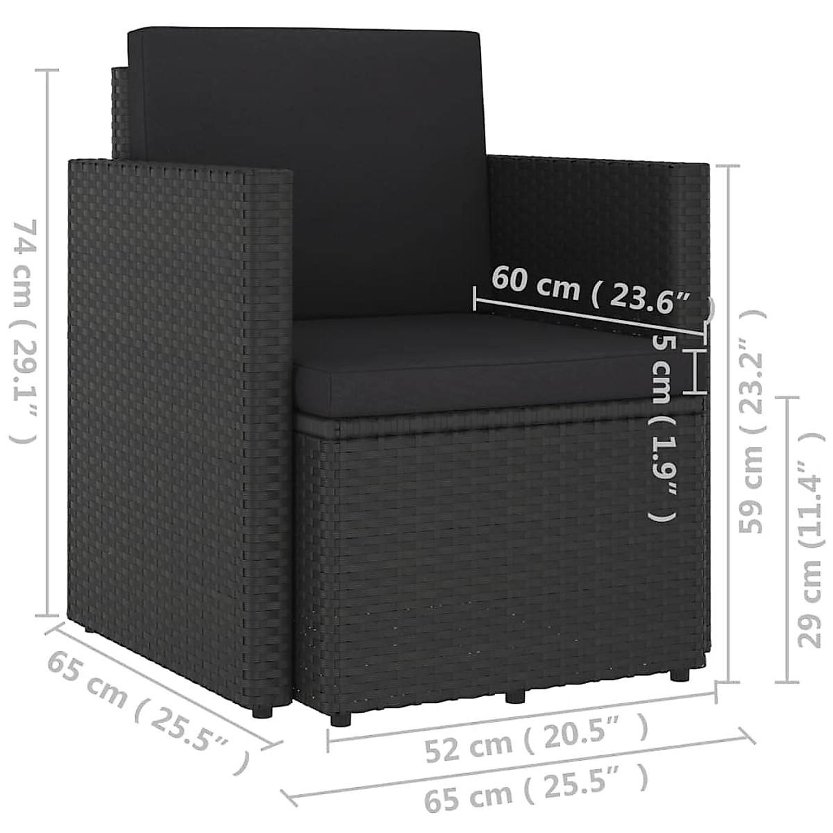 vidaXL Patio Chair with Cushions - Stylish Poly Rattan Outdoor Furniture, Black, Comfortable and Durable for Garden, Balcony and Patio Setting