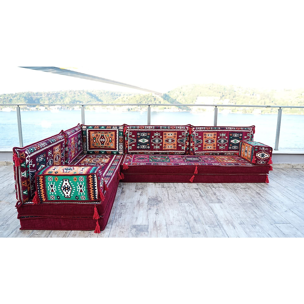 Maroon L Shaped Floor Couch, Sectional Sofa Set, Floor Pillow, Arabic Majlis, Moroccan Livingroom Cushion, 4" Thickness Corner Floor Seating Set (L Sofa Only, 8'' Thickness (20 cm))