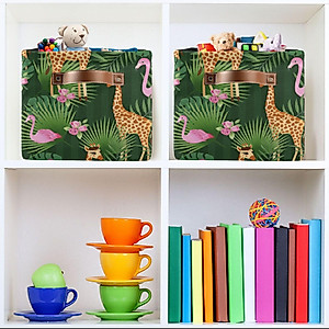 Tropical Flamingo Giraffe Storage Basket Collapsible Storage Bins Cubes Box Fabric Toy Chest Clothes Hamper Gift Baskets for Shelves Home Office Nursery Shoes with Leather Handles