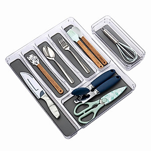 SIMPLEMADE Silverware Organizer Tray Set - 3 Piece Flatware Organizer for Drawer - Clear Cutlery Tray Drawer Insert with Easy Clean Liner - Multipurpose Storage for Kitchen, Office, Bathroom (Grey)