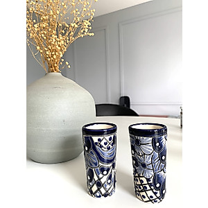 Casa Fiesta Designs Mexican Shot Glasses, Hand-painted Ceramic Tequila Shot Glass Made in Mexico - Great for Tequila, Mezcal and Sangrita, 2 oz - Blue and White - Tequilero Azul y Blanco (Pack of 4)