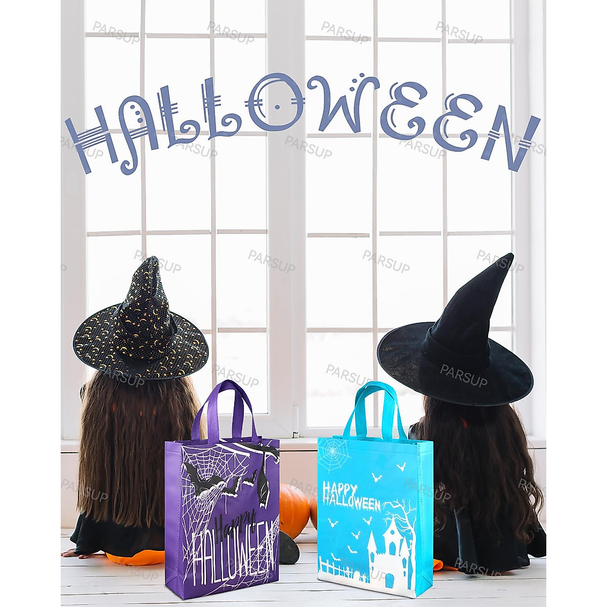 PARSUP 8PCS Halloween Trick or Treat Bags,Halloween Tote Bags with Handles, Gift Bags, Non-Woven Halloween Bags for Gifts Wrapping, Trick or Treat, Halloween Party Supplies, 15"×11.8"×3.9"