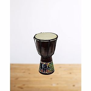 Aboriginal Dot Painted Elephant Djembe Drum 8 Inches Tall 4.5 Inch Diameter