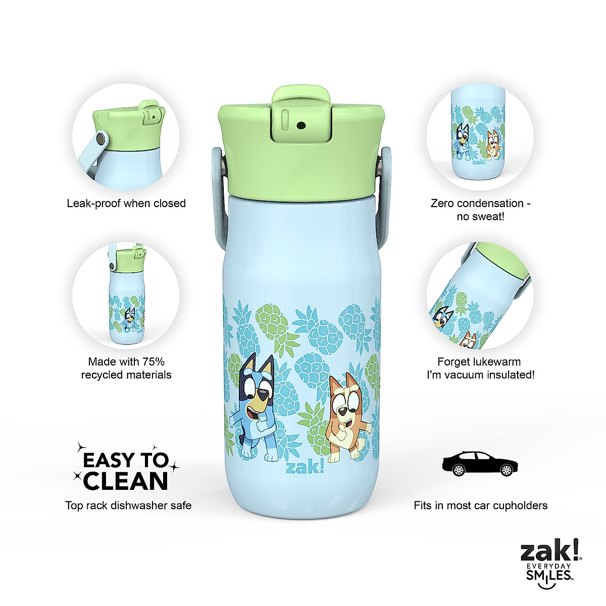 Zak Designs Harmony Bluey Kid Water Bottle for Travel or At Home, 14oz Recycled Stainless Steel is Leak-Proof When Closed and Vacuum Insulated (Bluey, Bingo, Muffin)