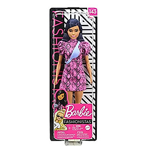 Barbie Fashionistas Doll #143 with Blue Hair Wearing Pink & Black Dress, White Sneakers & Bag, Toy for Kids 3 to 8 Years Old
