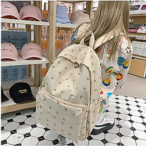 2023 Cute Preppy School Bag Floral Printed Kawaii Backpack Cottagecore Aesthetic Backpack BookBag Laptop Daypack (White)
