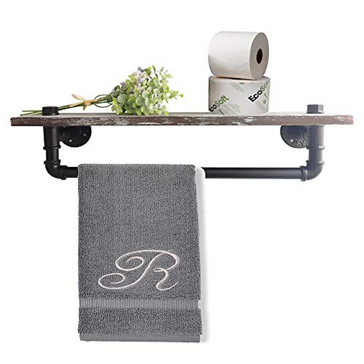 BSTGIFTS Industrial Pipe Shelf with Towel Bar，Wall Mounted Shelving with Towel Bar Rack for Bathroom, Wood Rack