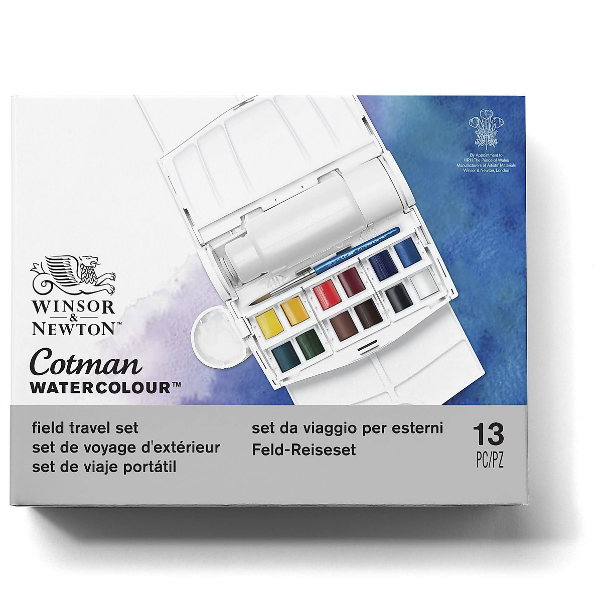 Winsor & Newton Cotman Watercolor Paint Set, Field Travel Set, 12 Half Pan w/ Brush, Mixing Palette, Bottle