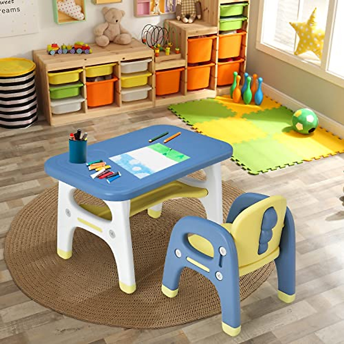 HONEY JOY Kids Table and Chair Set, Dinosaur Shape Children Activity Table and 1 Chair for Art Craft, Building Blocks, 2-Piece Toddler Furniture Set for Daycare Playroom, Gift for Boys Girls