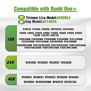 15 Pcs AC80RL3 Replacement Trimmer String for Ryobi One Plus+,0.080 lnch Diameter String Trimmer Refll and AC14HCA Cover Cap Compatible with Ryobi 18v,24v,and 40v Cordless Trimmers(12 Spools+3 Caps)
