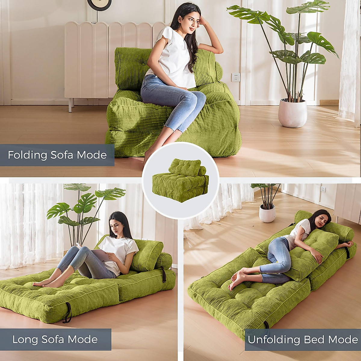 MAXYOYO Folding Sofa Bed, Convertible Sleeper Chair with Pillow Foldable Mattress with Back Support, Portable Fold Out Chair Bed Comfy Floor Sofa Lounge for Living Room Bedroom, Green, Single