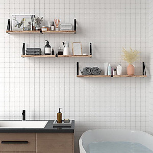 Floating Book Shelves for Wall Set of 3, Wall Bookshelf, 33 inch Long Wood Shelf for Wall Storage, Hanging Shelving for Bedroom, Bathroom, Living Room, Kitchen, Office and Plants (Carbonized Black)