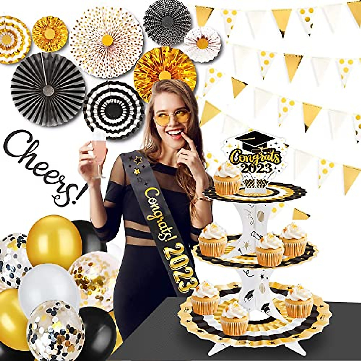 Graduation Decorations Cupcake Stand, 2023 Graduation Theme Party Supplies for Celebration College and High School Party Cupcake Decoration 3 Tier Cardboard Service Trays