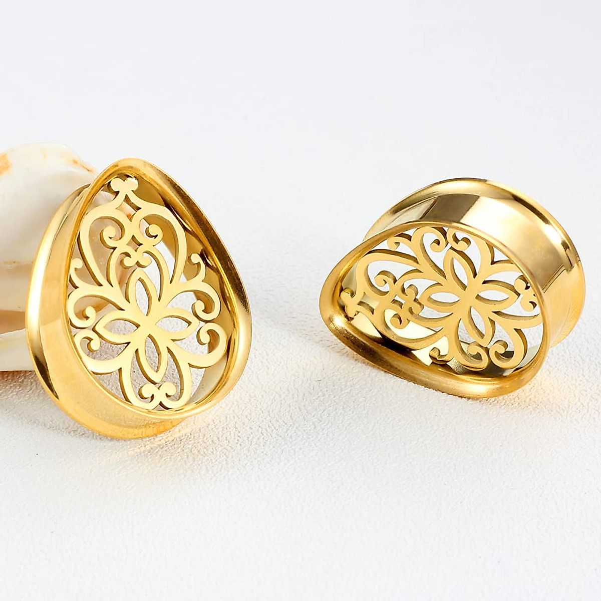 Casvort 2 PCS Stainless Steel Gold Double Flared 9/16'' Teardrop Ear Plugs Tunnels Gauges Stretcher Piercings Body Jewelry