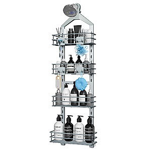 Nieifi Hanging Shower Caddy,4 Tier Adjustable Basket Over Shower Head Shower Organizer Hanging with Hooks Shower Racks for Inside Shower Shelf Anti-Swing Bathroom Organizer Shelves, Silver