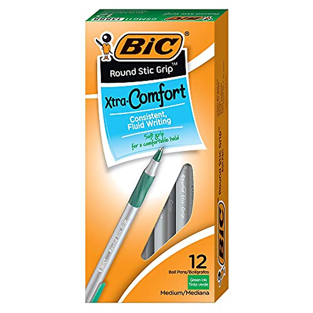 BIC Round Stic Grip Xtra Comfort Ballpoint Pen, Medium Point (1.2mm), Green, 12-Count