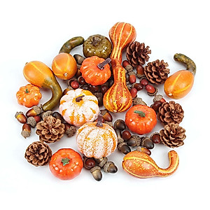 Toonshare Fall Decor Mini 8 Fake Pumpkins with 30 Artificial Maple Leaves 2 Pinecones 10 Acorns for Autumn Thanksgiving Festival Harvest Farmhouse Tiered Tray Ornaments (50 Pieces)