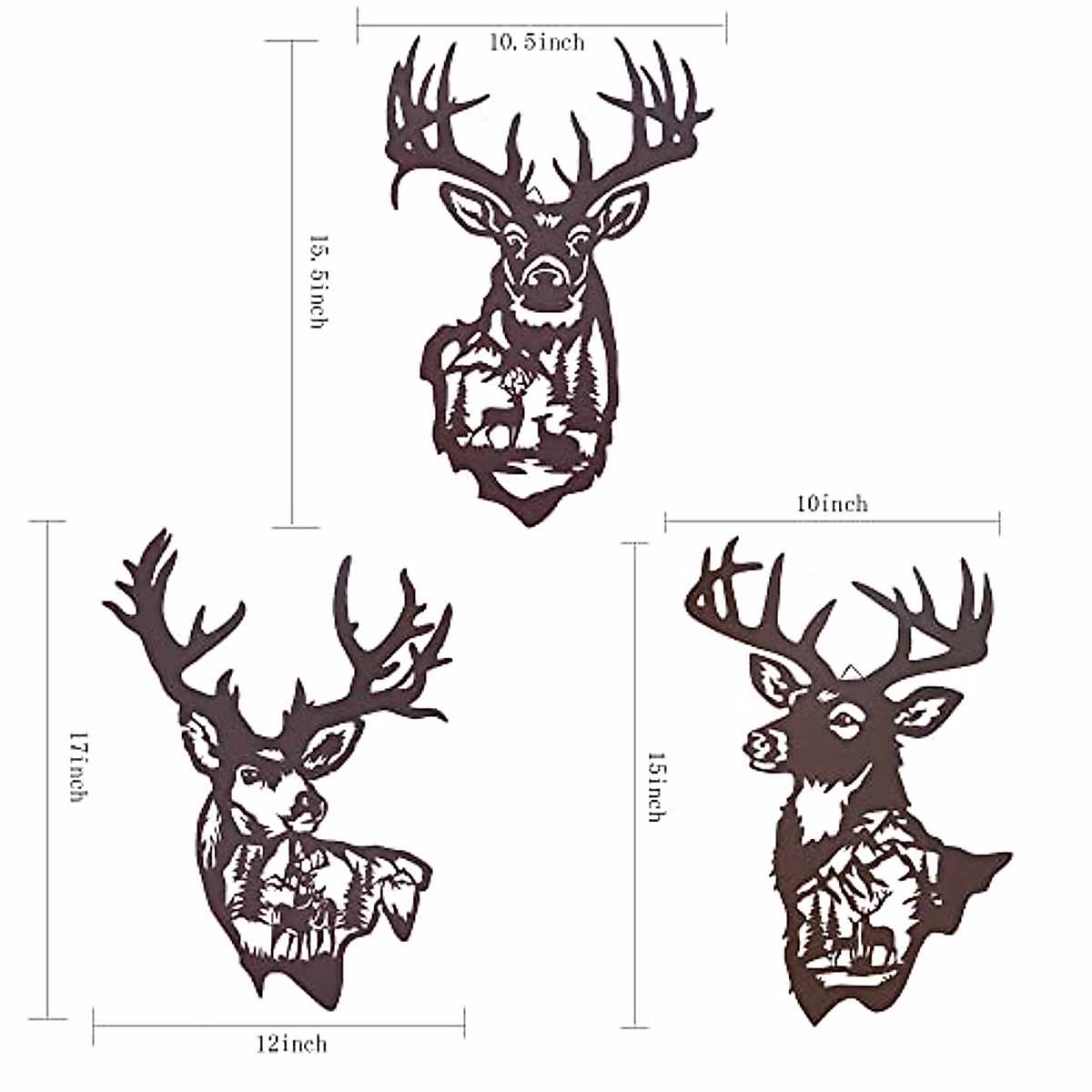 BVLFOOK 16 Inch Large Metal Deer Wall Art Decor, Rustic Cabin Decor, Hunting Decor for Home Bathroom Bedroom Lodge, Deer in the Forest Pine Tree, Set of 3