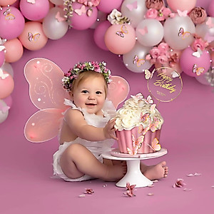 Cadeya Butterfly Happy Birthday Cake Toppers Set, 56 Pcs Butterfly Cake Decorations Party Supplies with 1 Pcs Metal Gold Happy Birthday Cake Topper for Kids Wedding (Pink)