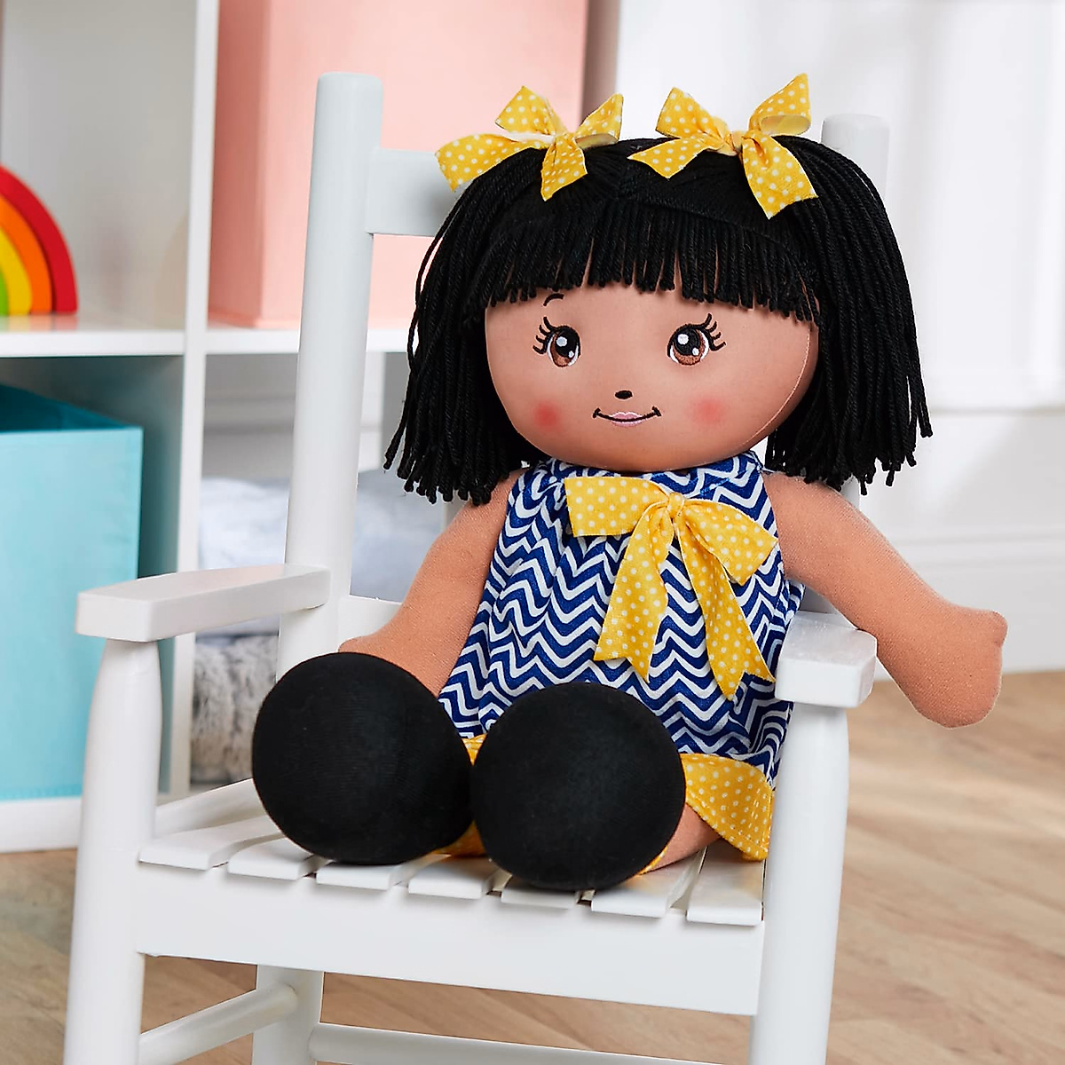 LOVE & HUG 17" African American Black Doll | Stuffed Soft Plush Doll with Blue Dress and Soft Yarn Hair for Kids and Toddlers to Love and Hug | Gift for Birthday, Christmas