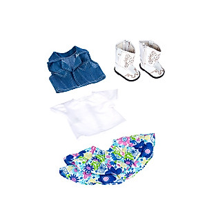- Feeling Happy - 4 Piece Outfit - Skirt, White T-Shirt, Blue Jeans Vest and White Cowgirl Boots - Clothes Fits 18 Inch Doll (Doll Not Included)