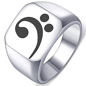 Dacai Laser Engraved Bass Clef Music Note Guitar Symbol Silver Stainless Steel Men's Womens Ring