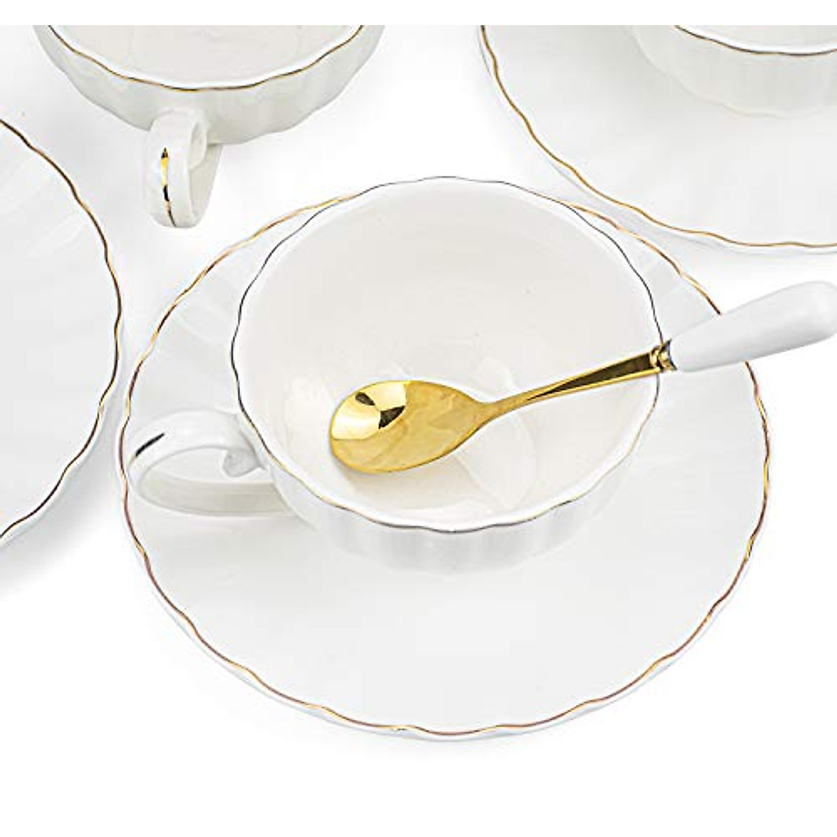Yesland Set of 6 Royal Tea Cups and Saucers with Gold Trim, 8 Ounce White Porcelain Tea Set & British Coffee Cups, White Latte Cups and Espresso Mug for Specialty Coffee Drinks, Latte, Cafe Mocha, Tea