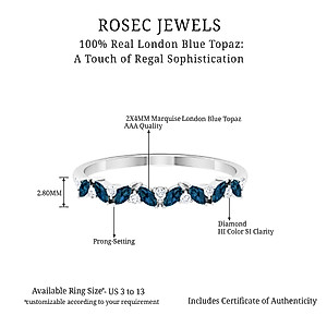 Rosec Jewels London Blue Topaz and Diamond Ring, Alternate Blue Topaz Semi Eternity Ring, 14K White Gold, Size:US 5.50