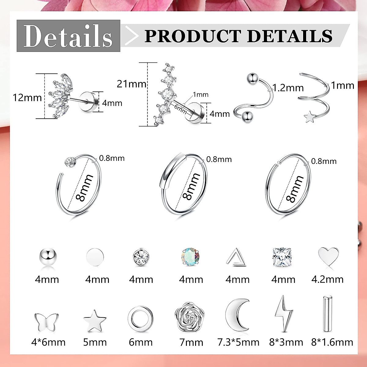 FASACCO Cartilage Earrings Silver 18G Flat Back Stud Earrings Surgical Steel Helix Tragus Piercing Jewelry