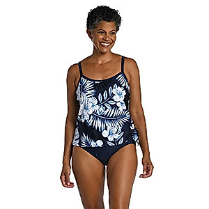 Maxine Of Hollywood Women's Standard Scoop Neck Faux Side Tie One Piece Swimsuit, Indigo//Moonlight Tropics, 16