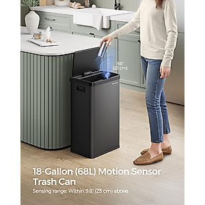 SONGMICS Motion Sensor Trash Can, 18-Gallon (68L) Automatic Kitchen Garbage Can with Stay-Open Lid, Soft Close, Stainless Steel, 15 Trash Bags Included, Ink Black ULTB630B68