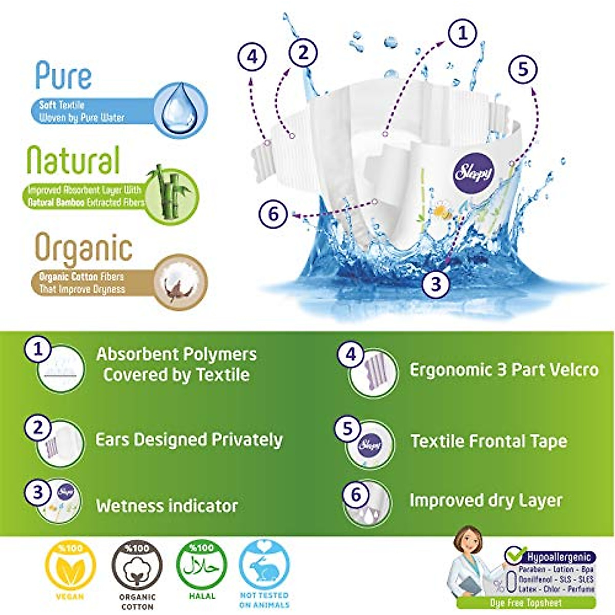 Sleepy Natural Diapers Size 6 - Organic Diapers Highly Absorbent and Hypoallergenic Bamboo Baby Diapers for Girls and Boys - Disposable Diapers 60 Count - Size 6 Diapers, Child Weight 33-55 lbs