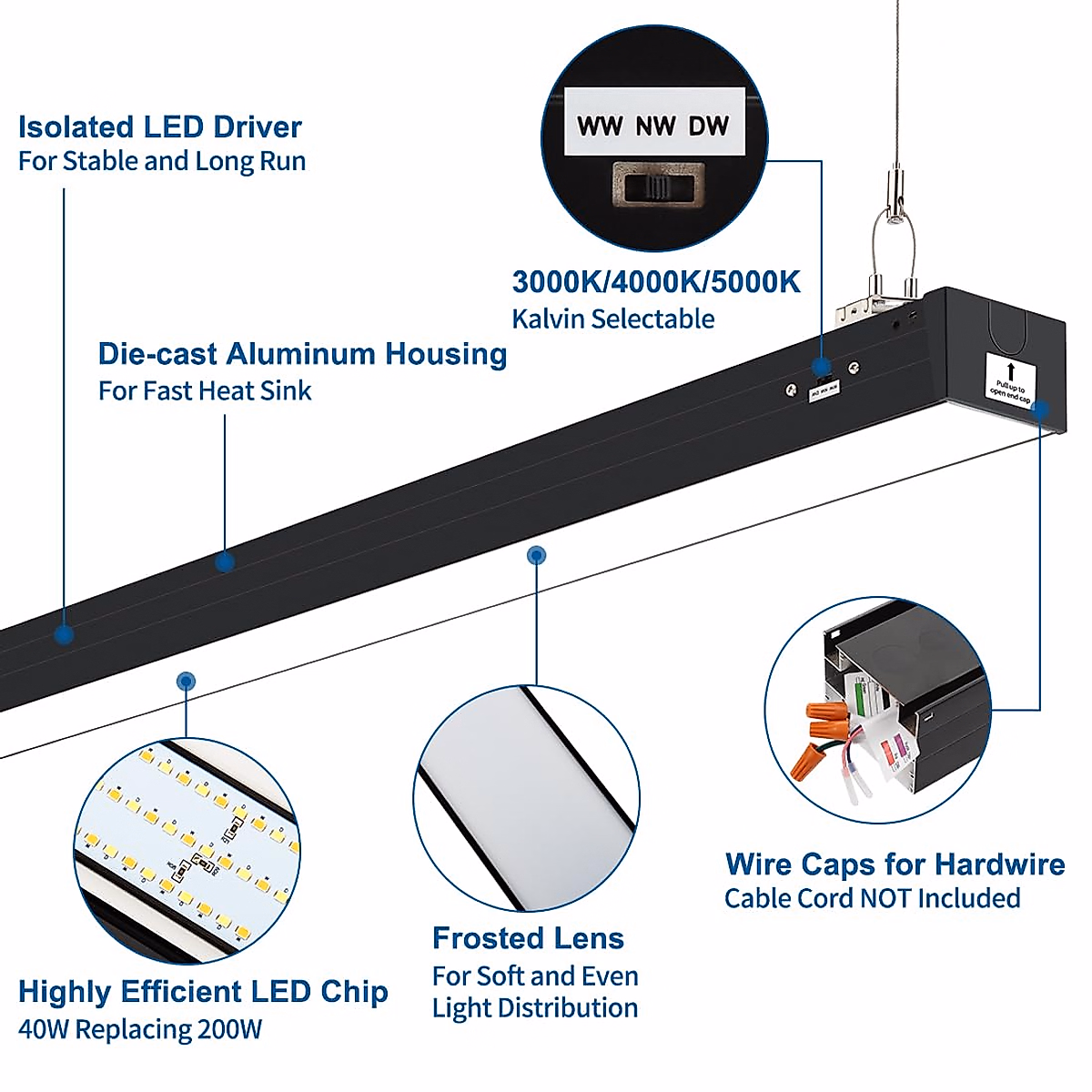 DAKASON 4FT Linkable LED Linear Light, 40W Shop Light for Garage Ceiling, Commercial Linear Lighting Fixture for Office, 4’ LED Tube Light for Warehouse, 3CCT, Dimmable 1Pack
