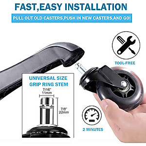 Office Chair Caster Wheels 3" - Heavy Duty Soft PU Rubber Safe for Hardwood Carpet Tile Floors (Set of 5) Generally Applicable to Office Wheels， Replace Chair mats - Universal fit