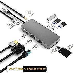 Sanpyl 10 in 1 USB C Hub, 1x4K HD Multimedia Interface 1xUSB C PD 1xAUDIO 3.5mm 1xVGA 1xRJ45 1xUSB3.0 2xUSB2.0 1xSD 1xTF Card Reader, for USB C Laptops and Other Type C Devices