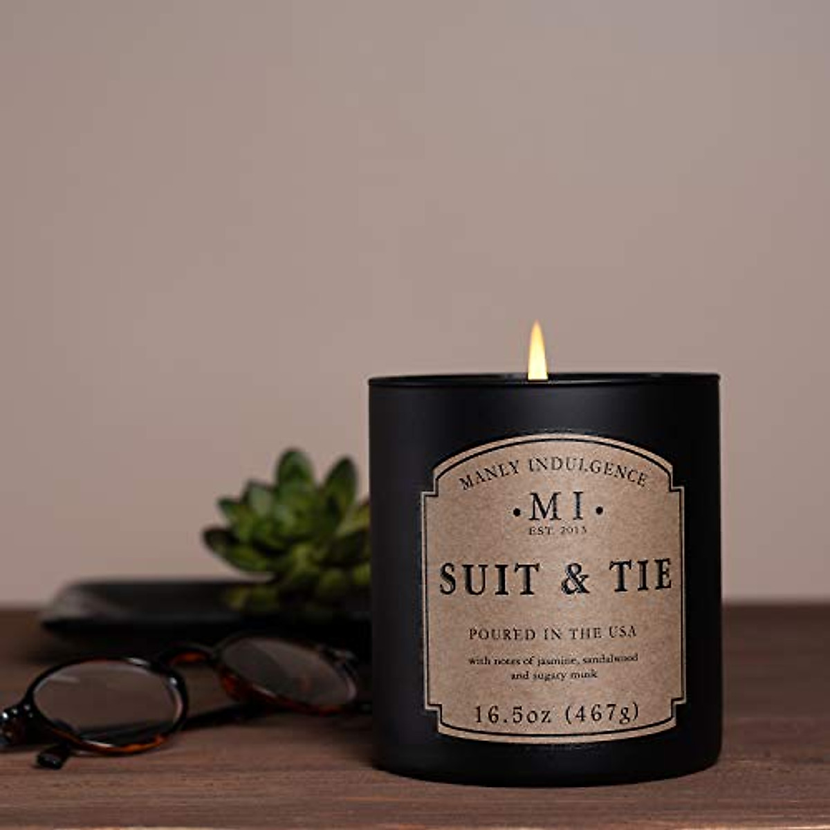 Manly Indulgence Suit & Tie Scented Jar Candle, Cotton Wick, Premium Soy Blend White Wax, 60 hr Burn, Matte Black Jar Candle for Home and Men, 16.5 oz - USA Poured