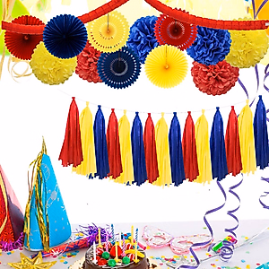 InBy Carnival 28PCS Red Blue Yellow Party Decorations Kit - 12" 10" Tissue Flower Paper Pom Poms 8" Paper Fan Tassel Garland for Birthday Bridal Baby Shower Wedding Bachelorette Decoration Supply