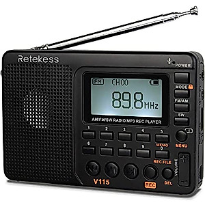 Retekess V115 Digital Radio AM FM, Portable Shortwave Radios, Rechargeable Radio Digital Tuner and Presets, Support Micro SD and AUX Record, Bass Speaker