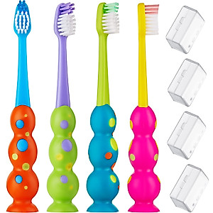 Kids Toothbrush 4 Pack - Soft Bristles with Suction Cup - Toothbrush Kids, Child Sized Brush Heads, 3-10 Year Old Kid Toothbrush with Easy Storage - Toddler, Girl and Boy Set (4-Pack, Multi-Color)