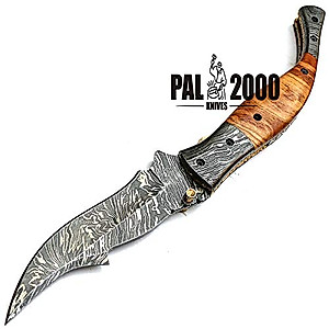 PAL 2000 HUNTING KNIVES FOL-8459 Handmade Damascus Steel Pocket Knife Olive Wood Handle With Sheath