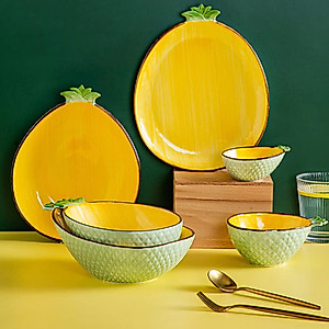 SEWACC Ceramic Hawaiian Pineapple Bowl: 2pcs Tropical Theme Porcelain Soup Oatmeal Cereal Stew Dessert Bowl Salad Pasta Rice Yoghurt Condiments Side Dishes Dip Ramen Noodle Plate