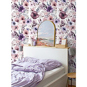 HAOKHOME 93349 Floral Peel and Stick Wallpaper Removable Wall Paper Mauve/Purple/White Vinyl Stick on Wall Contact Paper 17.7in x 9.8ft