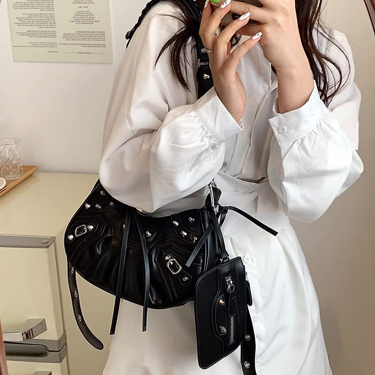 OUYPCR Woman Punk Style Rivet Satchels Handbags, Personality Vintage Fashion Crescent Tassel Crossbody Bag (Black)