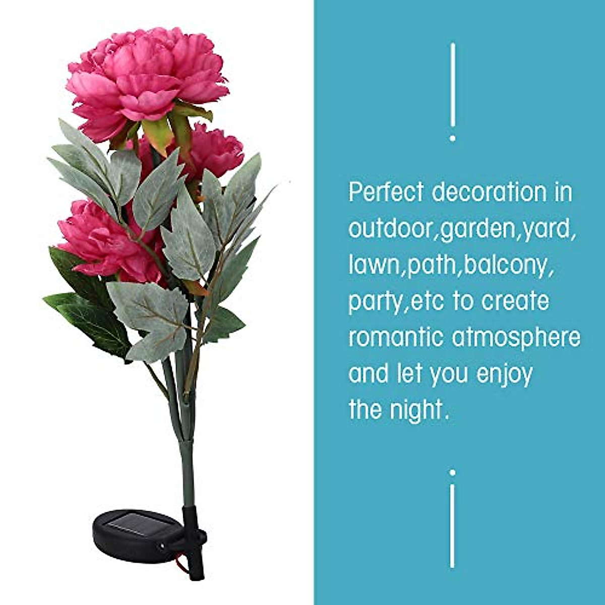 DERCLIVE Solar Power LED 3 Heads Simulation Peony Rose Flower Light for Home Garden Lawn Decor