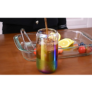 RoweLLsouL Glasses with Bamboo Lids and Clear Straws, 4 Pack 16oz Beer Glasses,Cute Tumbler Cup Iced Coffee Mug, Iced Coke Mug, Soda, Milk Tea，Gift - 4 Cleaning Brushes and 4 coasters