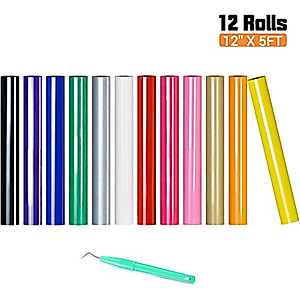 HTVRONT HTV Heat Transfer Vinyl Bundle (12 Pack) - 12 Inch by 5 Feet HTV Vinyl Rolls, Easy to Cut Iron on Vinyl for Cricut & Cameo, Easy to Weed Heat Transfer Vinyl