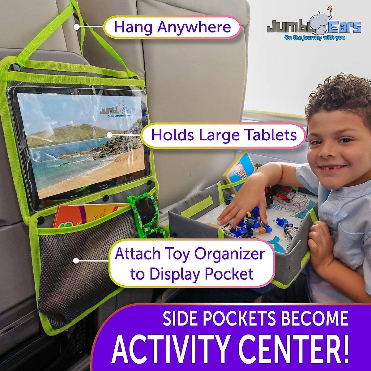 Jumbo Ears Origami Kids Travel Tray Placemat Cover -Gray- Foldable and Easy to Setup with Bonus Portable Multipurpose Side Pockets Organizer for Tablets and Phones Activities or Snacks for Toddler