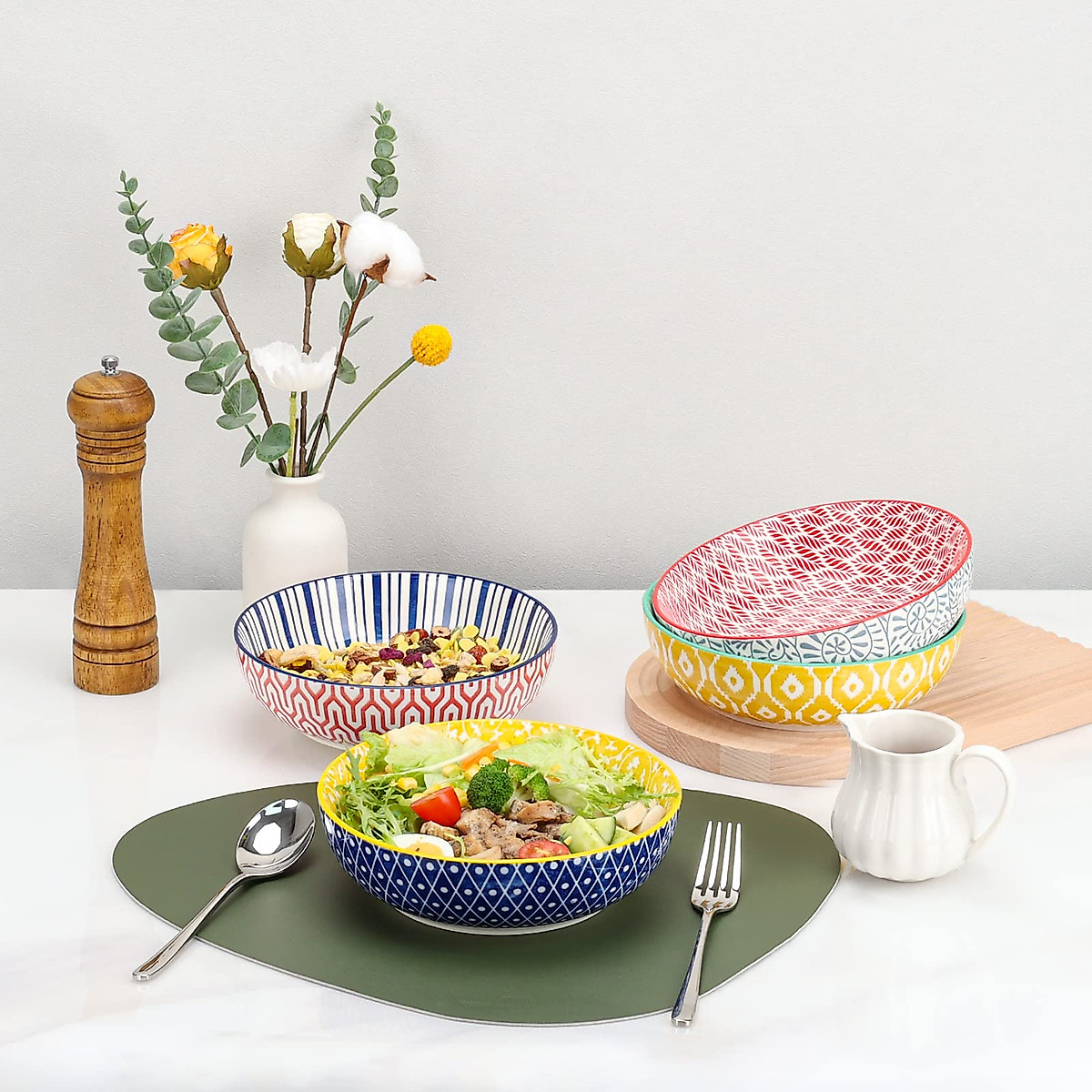 KitchenTour 35oz Pasta Bowls Soup Bowls, Serving Bowl Dinner Bowls for Salad, Fruit, Dishwasher and Microwave Safe - Set of 4, Vintage Color