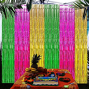 Luau Hawaiian Party Decorations, Flamingo Party Decorations, Green Rose Red and Yellow Foil Fringe Backdrop, Beach Bachelorette Streamer for Tropical Hawaiian Aloha Party Decorations(3 Pack)